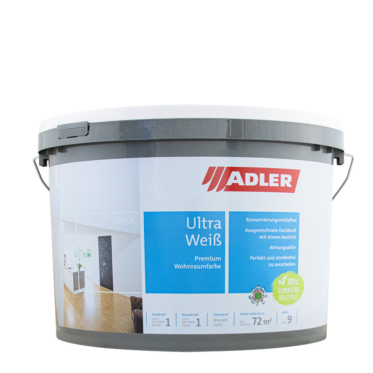 Adler Aviva Terra Ultra-Weiß 9L, Premium Wandfarbe, Dispersionsfarbe